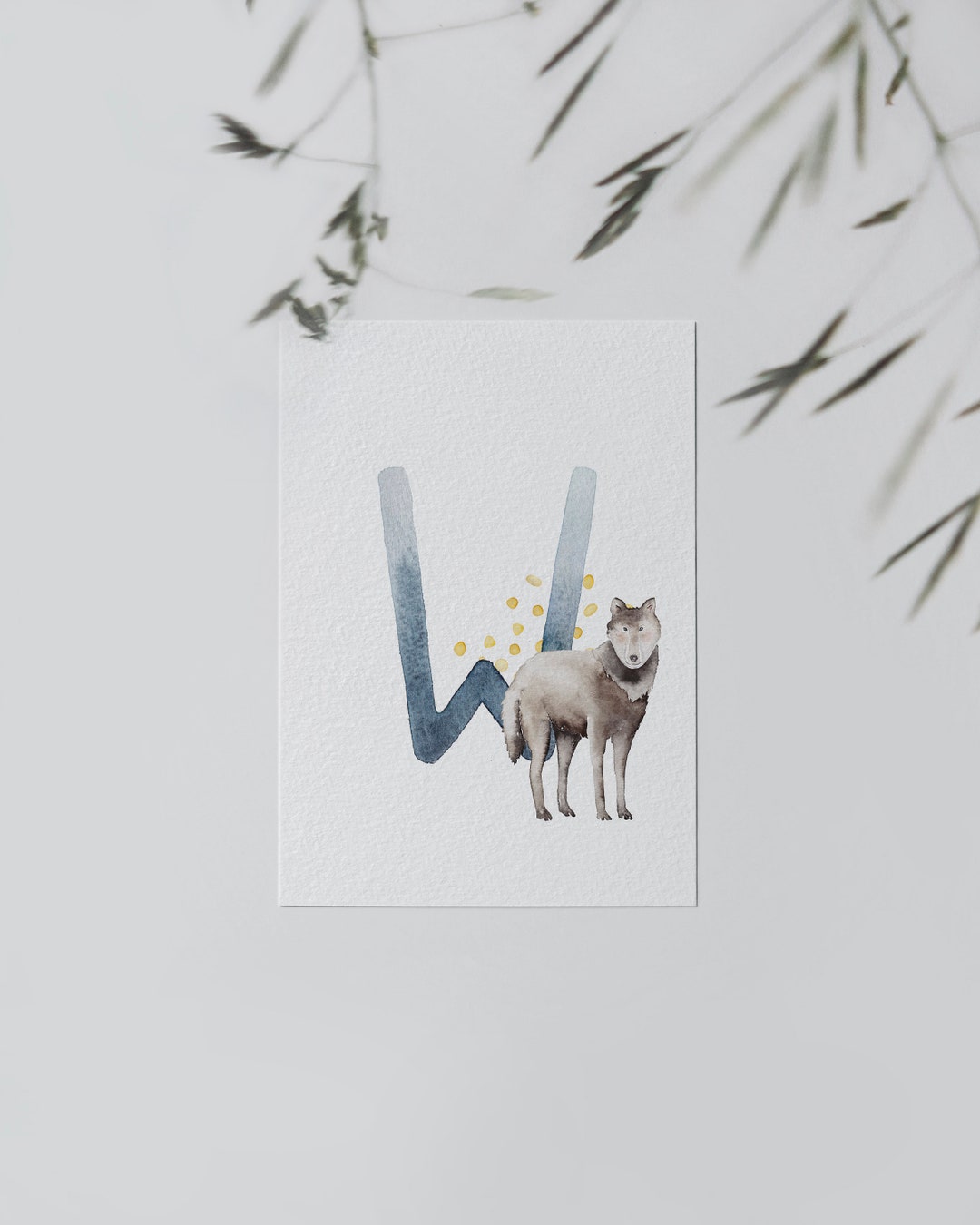 ABC Card W for Wolf Alphabet Map Watercolor Animal Name Card Watercolor ...