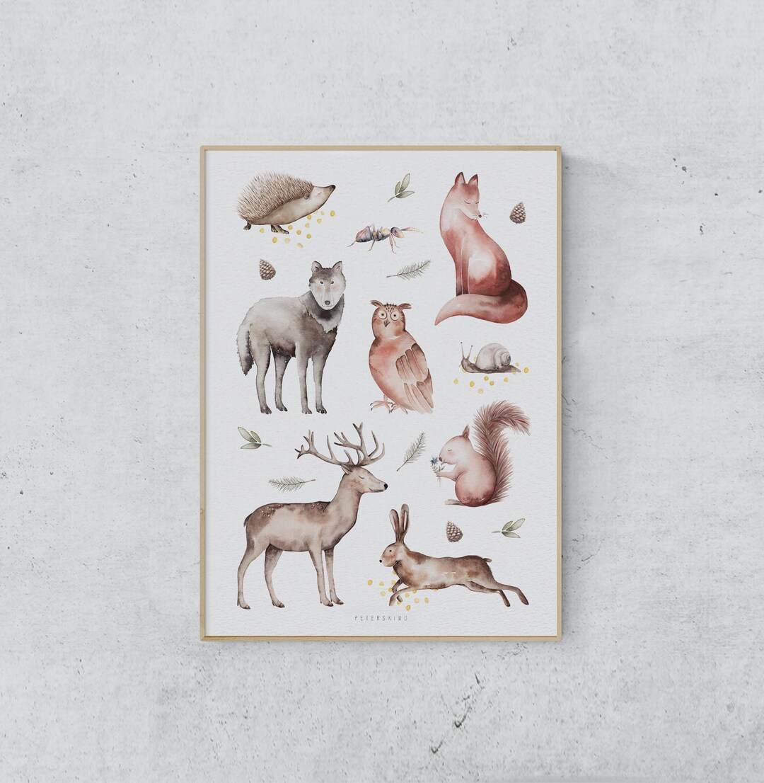 Forest Animal Watercolor Poster A4 Watercolor Animal Art Printing Back ...