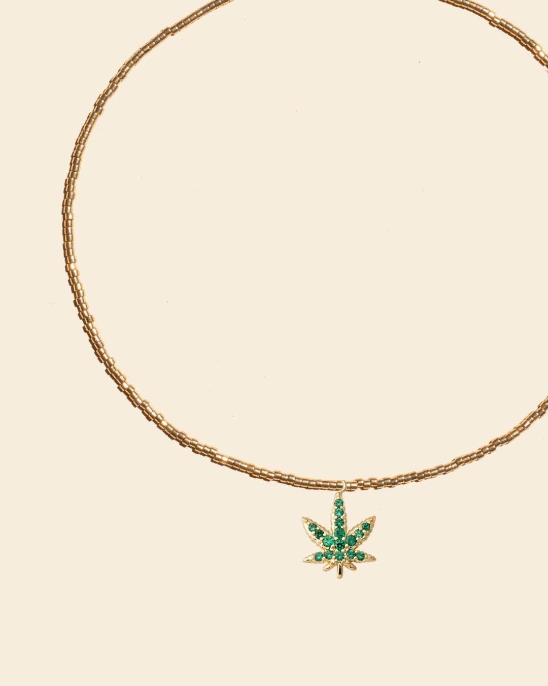 Gold Marijuana Leaf Pendant - Brilliant Emerald Zircons - Fine Gold ...