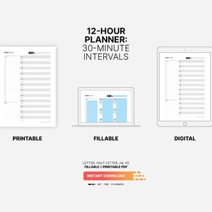 12-hour Planner, Printable 30-minute Work, Study Task Schedule ...
