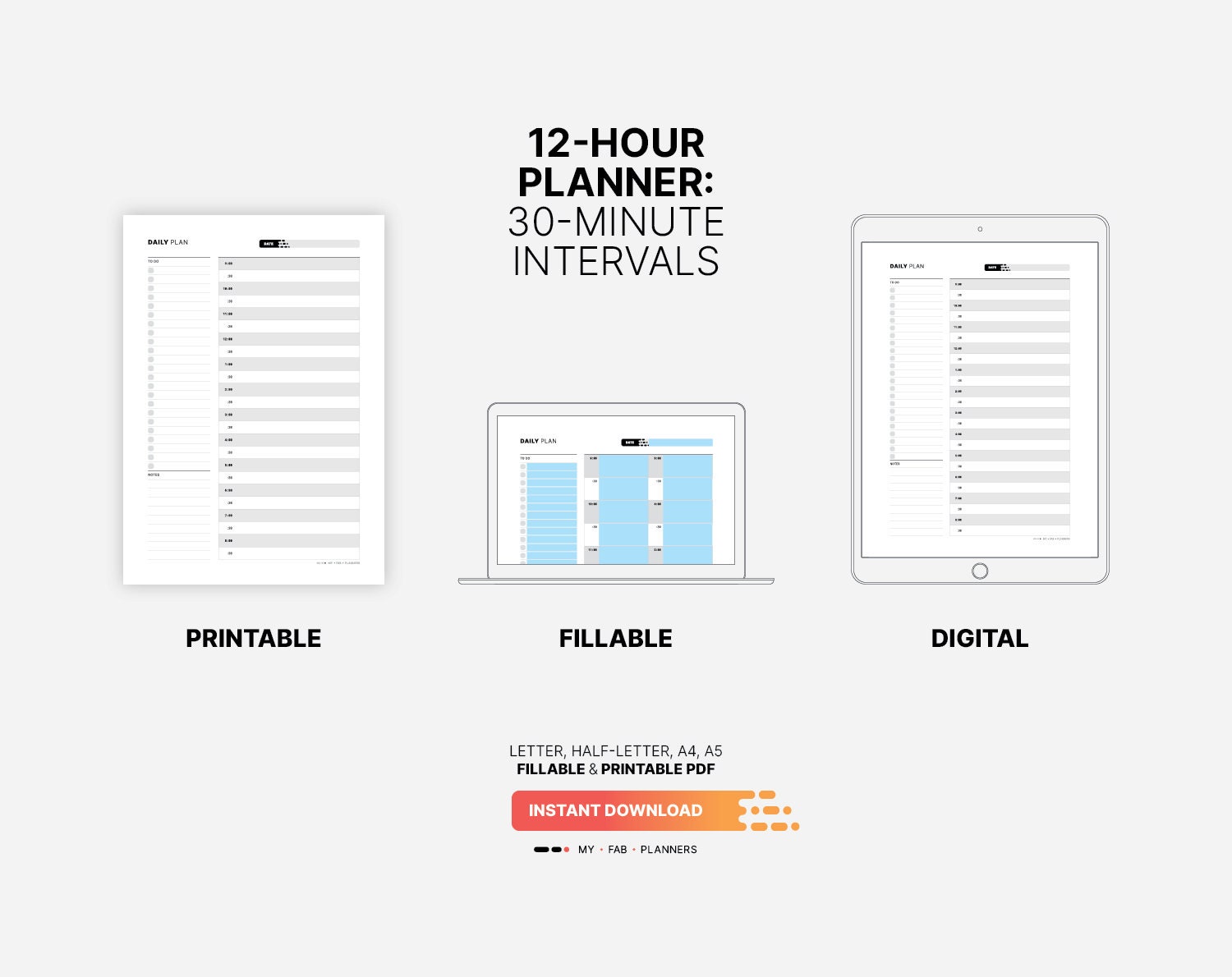 12-hour Planner Printable 30-minute Work Study Task - Etsy