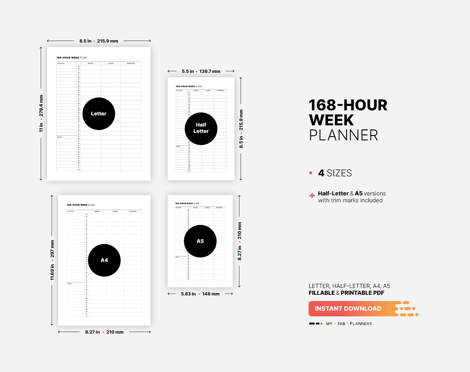 168-hour Weekly Planner, Printable Mindfulness Timesheet, Goal Setting ...