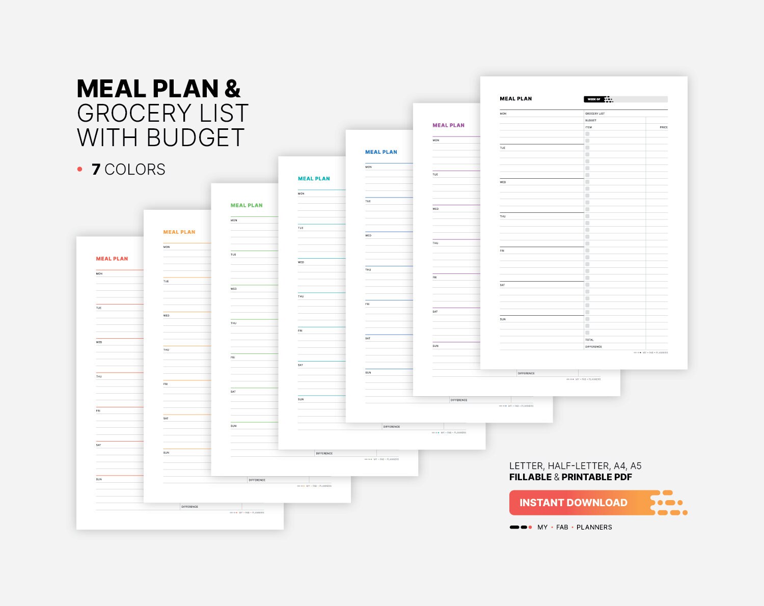Weekly Meal Planner, Grocery List, Budget Tracker (printable PDF) - Etsy