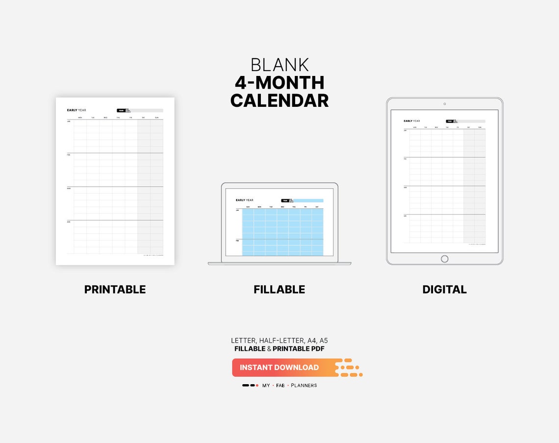 Yearly 4-month Calendar Fillable Planner Template Blank - Etsy