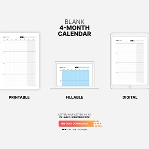 Yearly 4-month Calendar, Fillable Planner Template, Blank Yearly ...