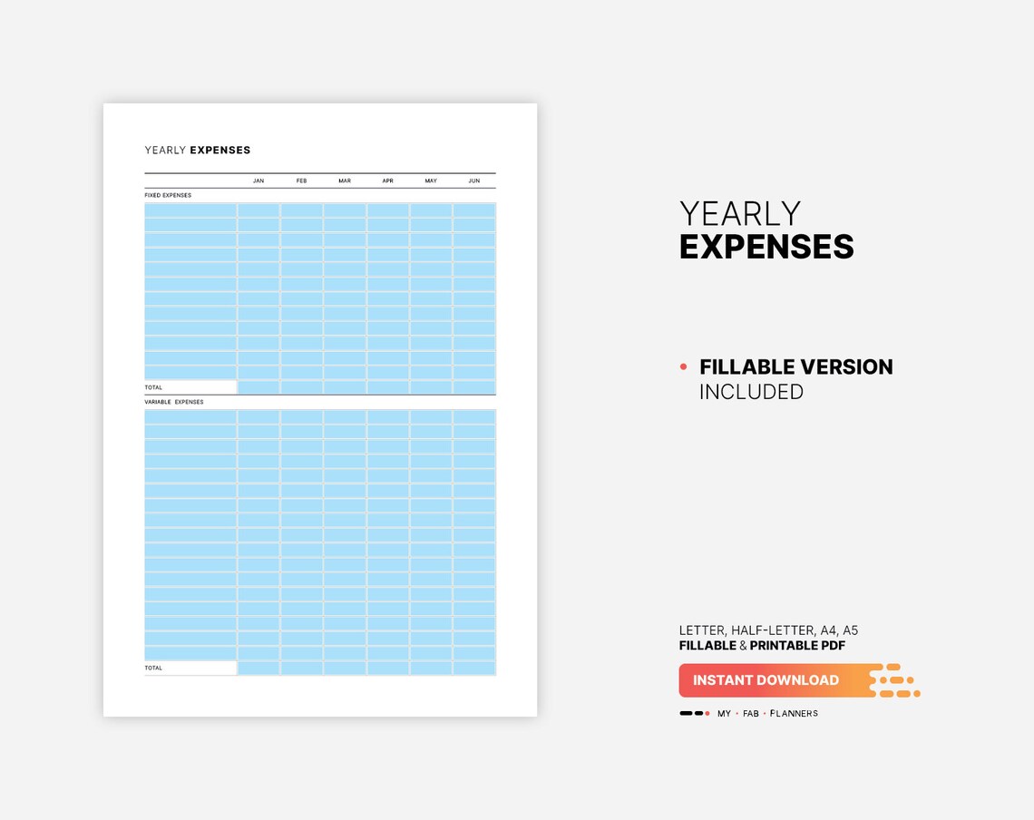 Yearly Expense Tracker, Fillable Budget Planner (PDF Template) - Etsy