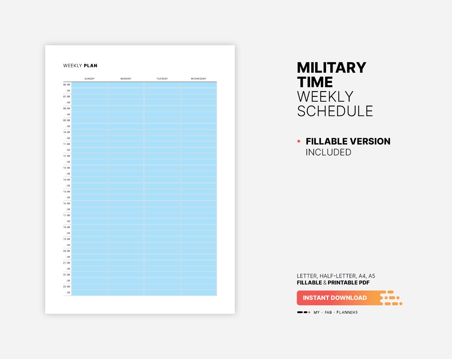 Military Time Weekly Schedule, Printable Productivity Planner Inserts ...