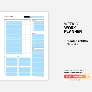 Weekly Work Planner, Printable Productivity at Home Agenda Checklist ...