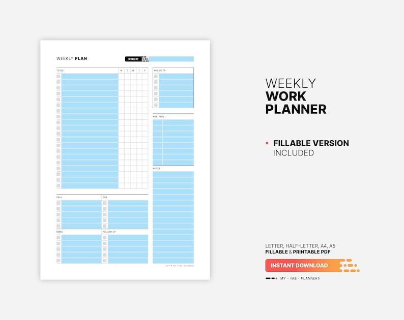 Weekly Work Planner, Printable Productivity at Home Agenda Checklist ...