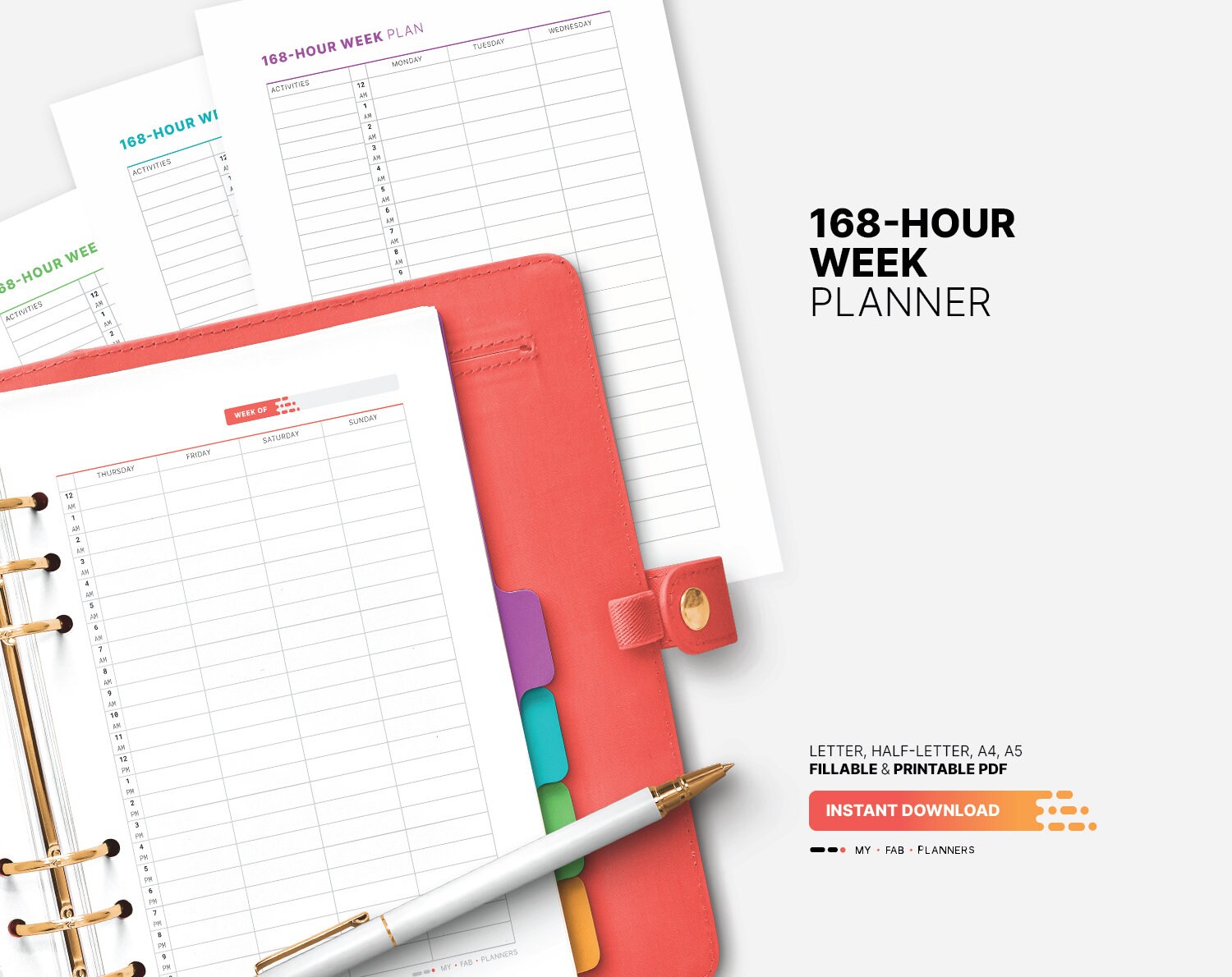 168-hour Weekly Planner, Printable Mindfulness Timesheet, Goal Setting ...