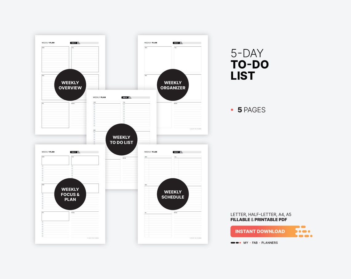 5-day to Do List Template, Printable Work at Home Planner, Fillable ...