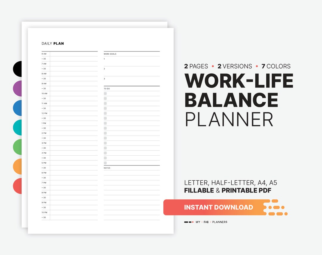 Daily Work Life Balance Planner, Fillable Goals, Time Slots, To-do List ...