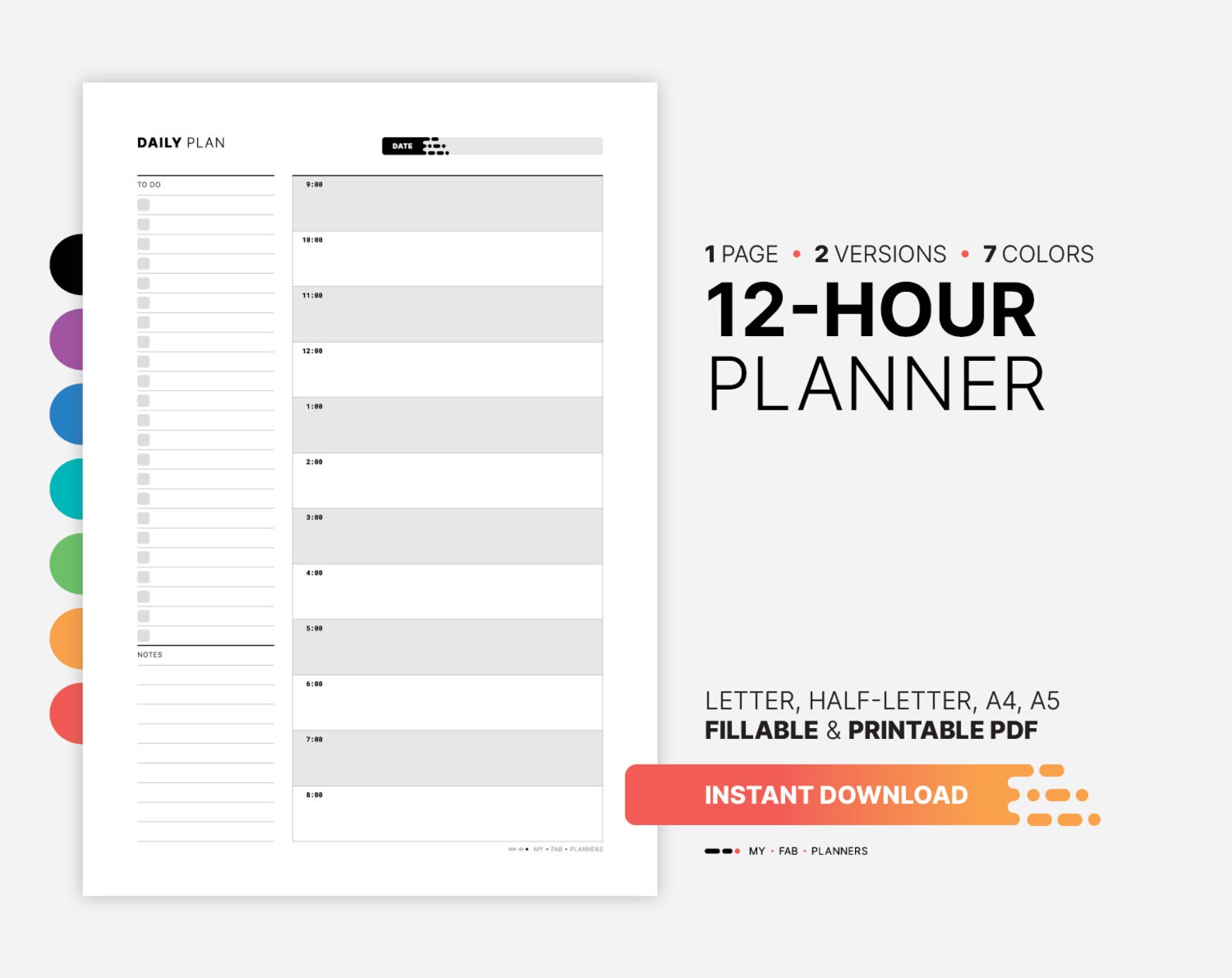 12-hour Planner, Printable Hourly Work, Study Task Schedule, Fillable ...