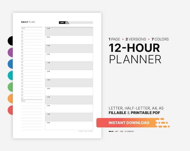 12-hour Planner, Printable Hourly Work, Study Task Schedule, Fillable ...