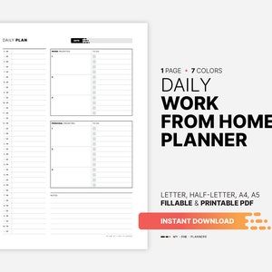 Daily Work From Home Planner, Schedule, Productivity Checklist ...