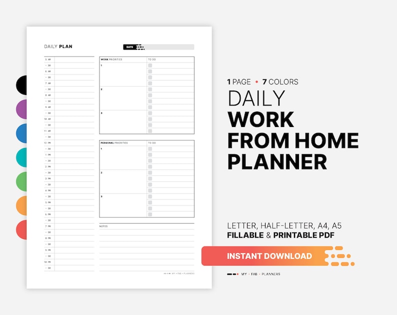 Daily Work From Home Planner, Schedule, Productivity Checklist ...