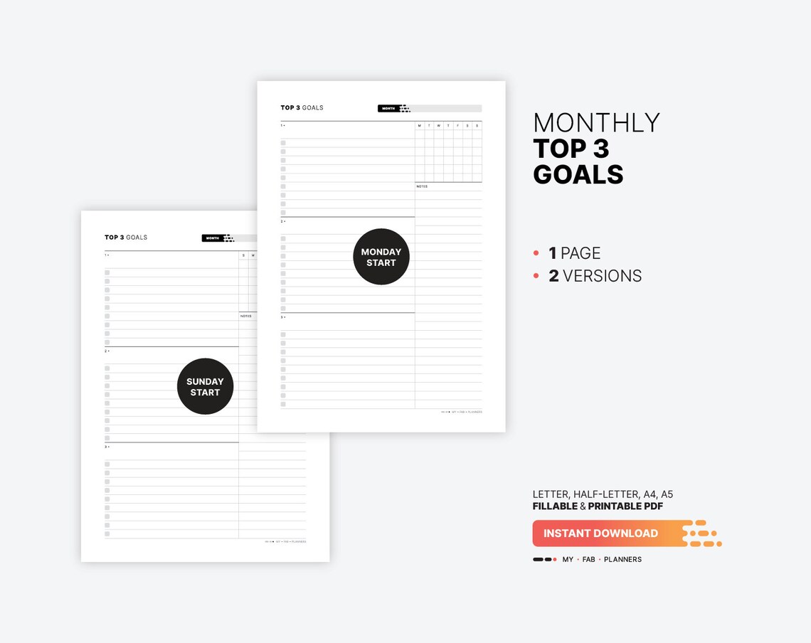 Top 3 Goals, Undated Daily, Weekly, Monthly Productivity Planner Sheet ...