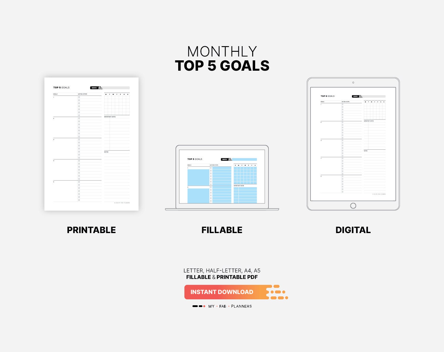 Monthly Top 5 Goal Setting, to Do List, Action Plan at a Glance ...