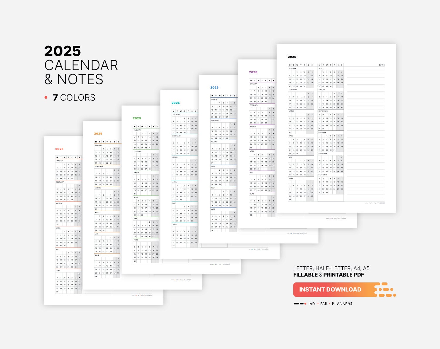 2025 Calendar & Notes Template, Printable New Year At-a-glance Wall ...