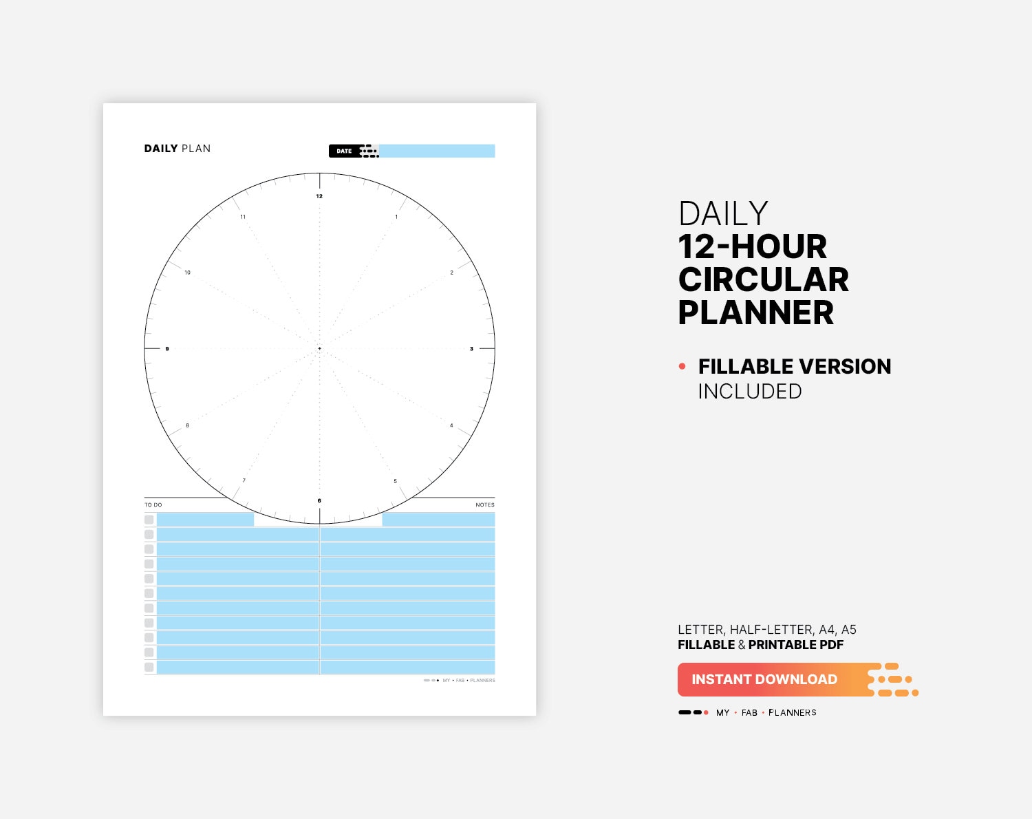 Daily 12-hour Circular Chart, Printable Visual Planner, Fillable ...