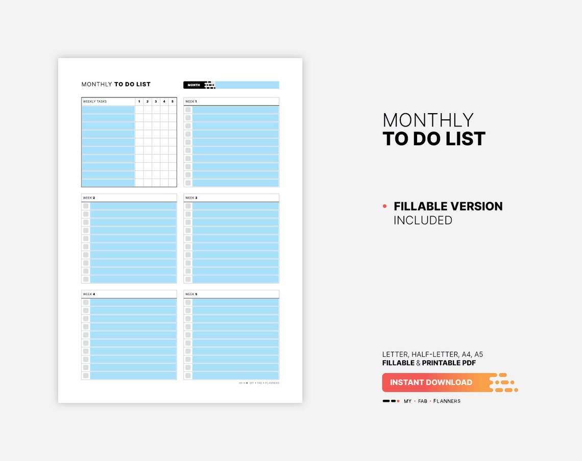 Monthly Things to Do List, Printable Weekly Checklist Tracker, Fillable ...