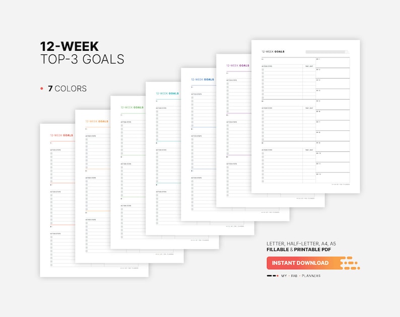 12 Week Top 3 Goals, Fillable Goal Setting & Crusher Overview Planner ...