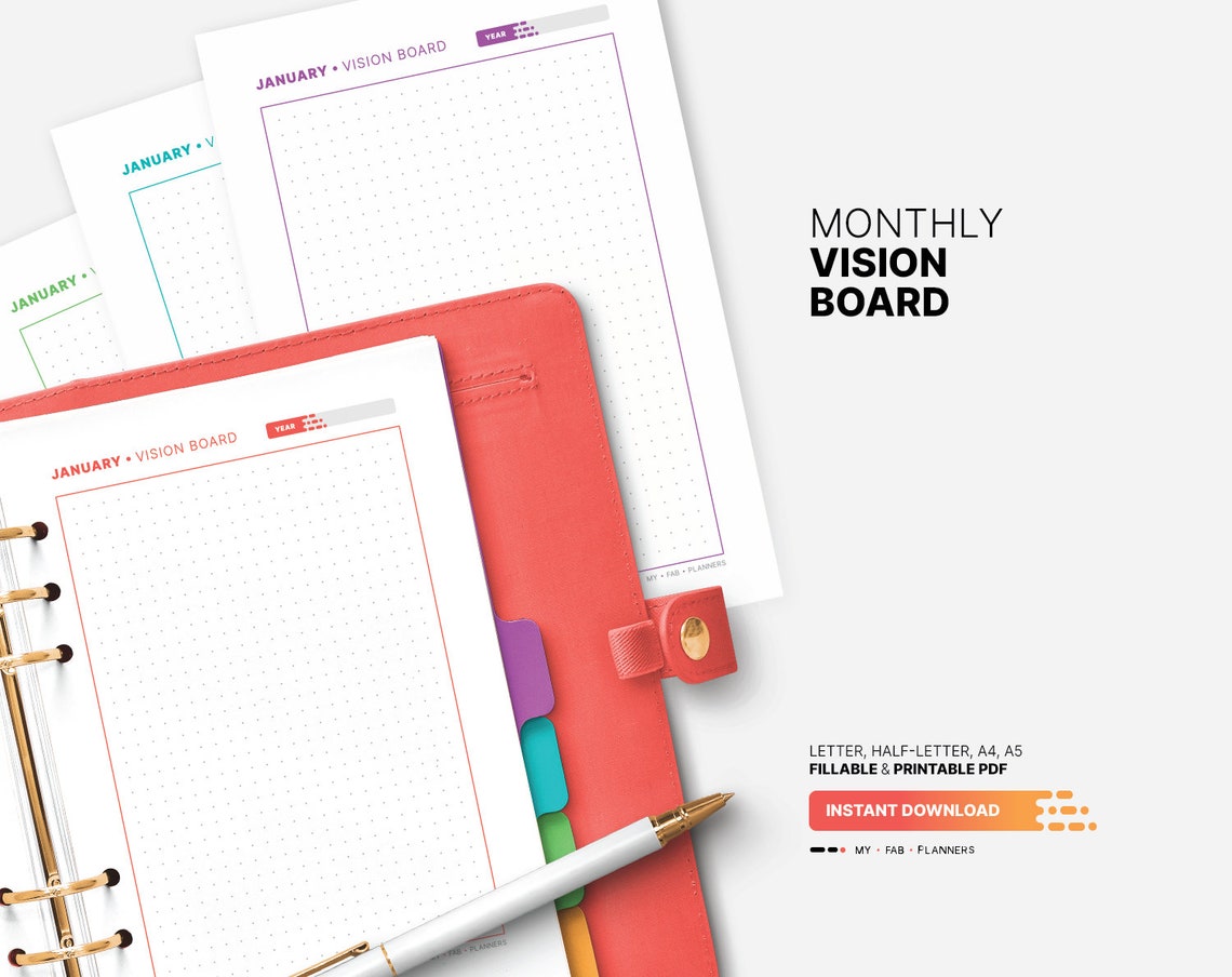 Monthly Vision Board Printable Planner Template Fillable Digital Goal