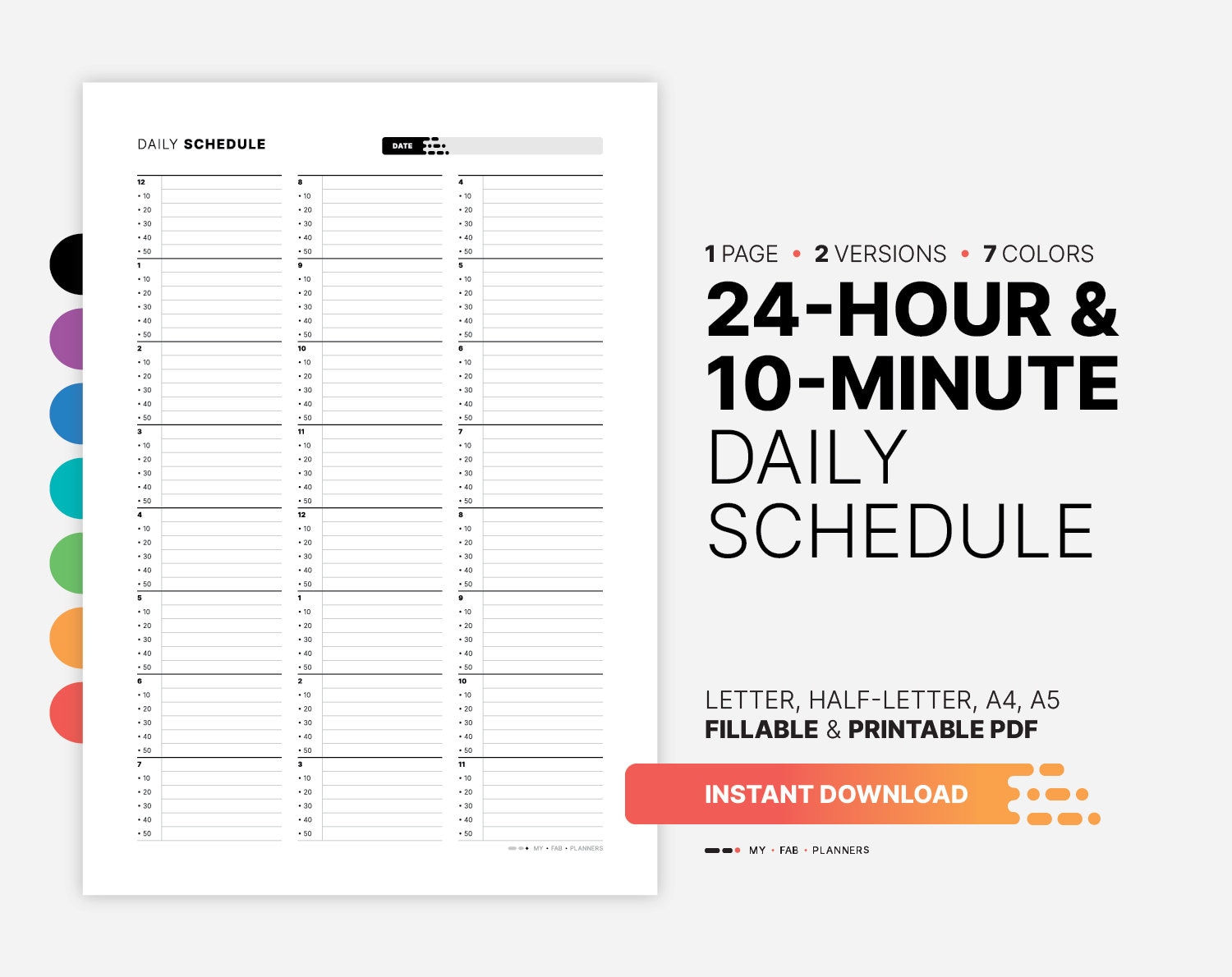 24 Hour 10 Minute Daily Schedule Planner, Undated Fillable Hourly ...