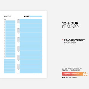 12-hour Planner, Printable Hourly Work, Study Task Schedule, Fillable ...