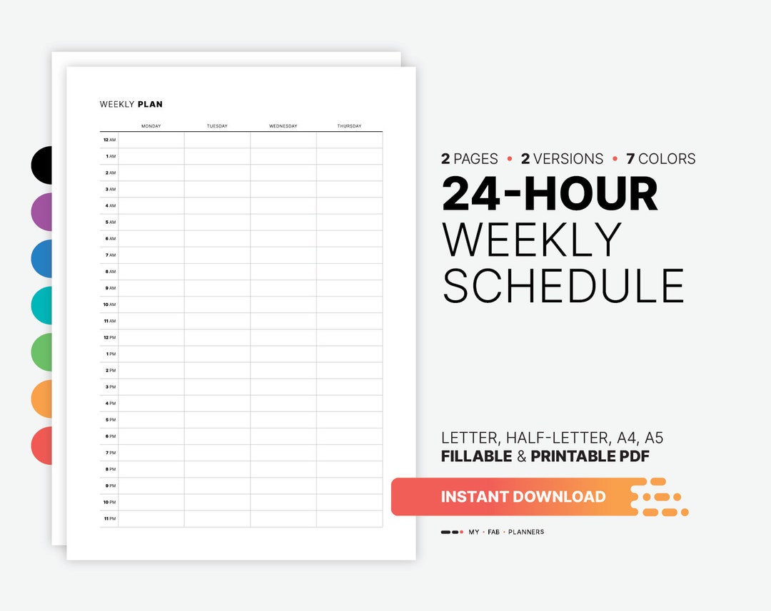 24-hour Weekly Schedule Planner, Fillable Hourly Block Appointment ...