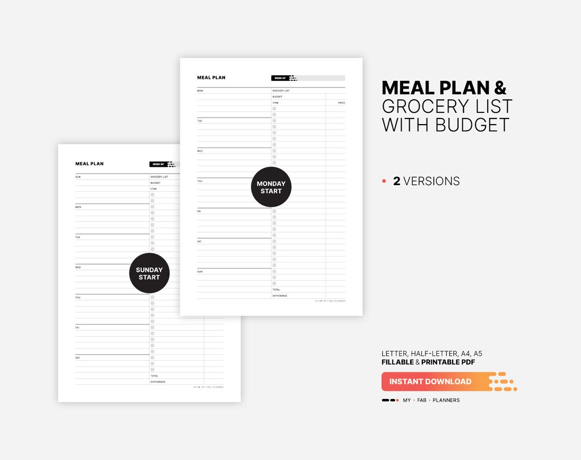 Budget & Meal Plan, Grocery List Planner, Fillable Weekly Meal Ideas ...