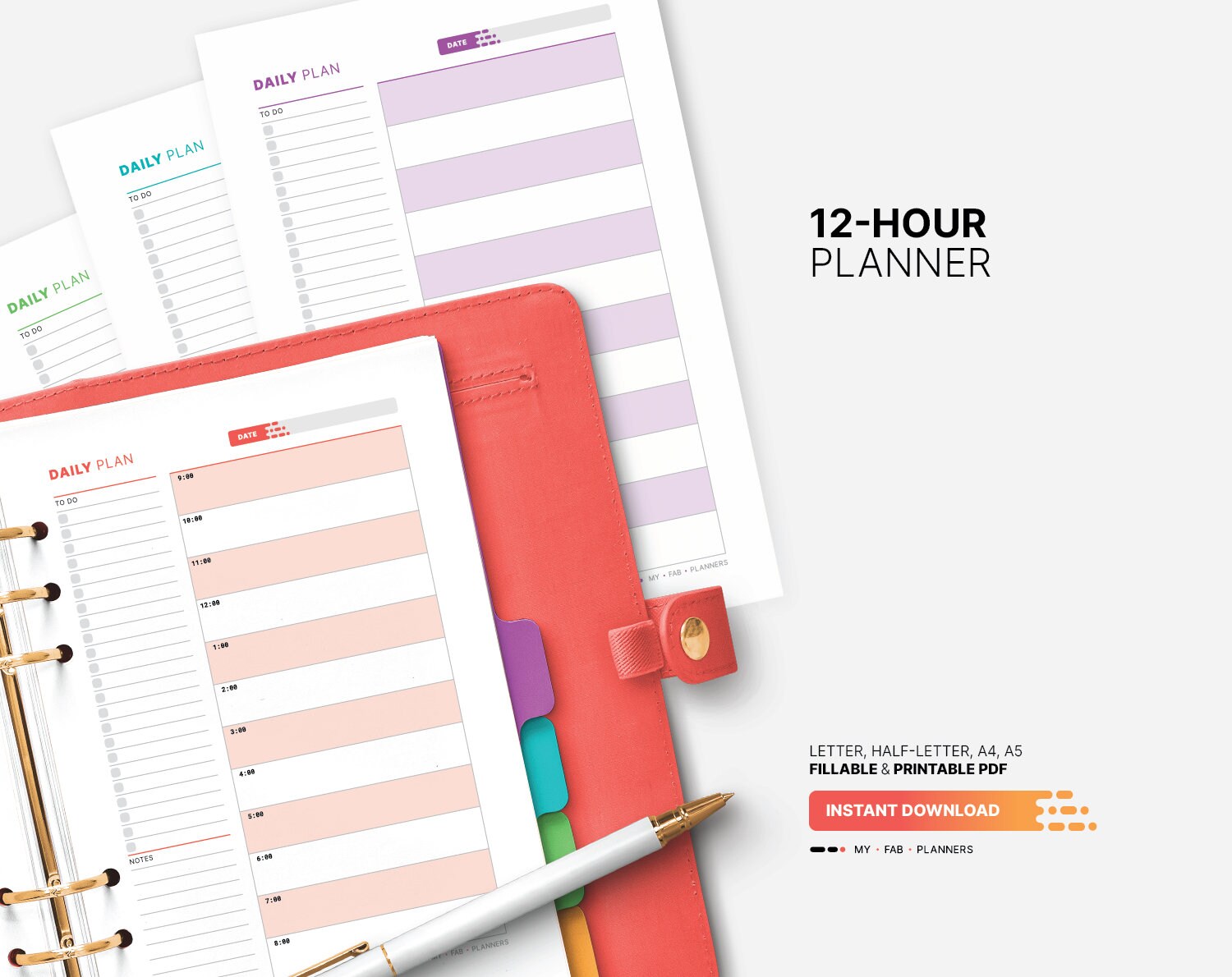 12-hour Planner, Printable Hourly Work, Study Task Schedule, Fillable ...