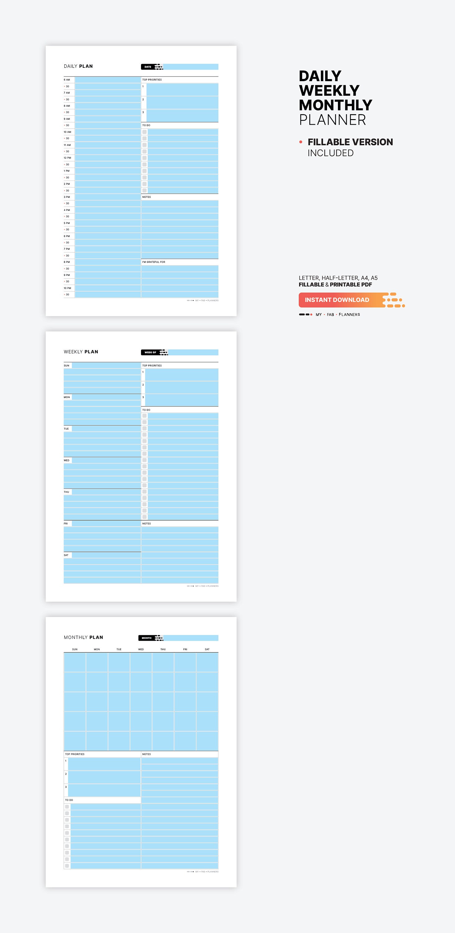 Daily Weekly Monthly Planner Undated Printable and Fillable - Etsy