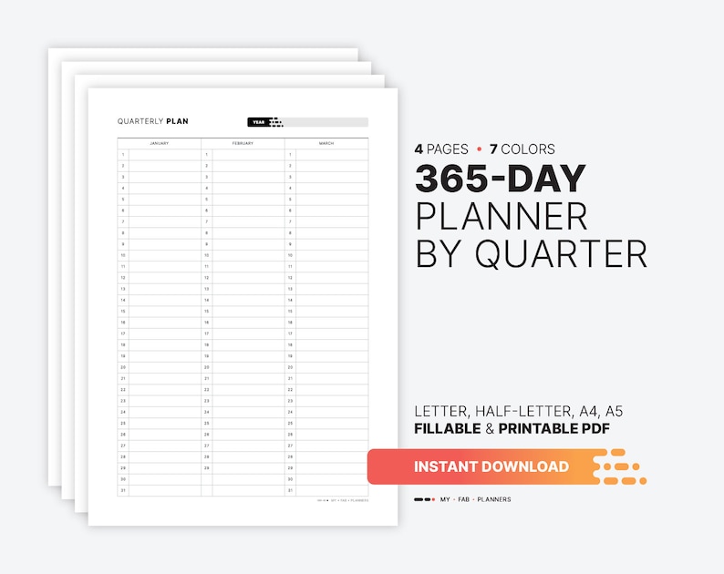 Yearly 365-day Planner & Overview, Quarterly Year of Dates Review ...