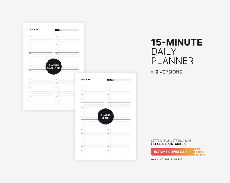 15 Minute Planner Undated Sheet, Daily Time Slots Organizer, Work ...