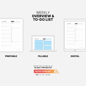 Weekly Overview on One Page, Week Ahead At-a-glance Planner, Fillable ...