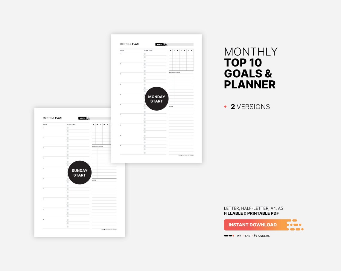 Monthly Top 10 Goal List & Planner, Goals Mapping, Setting, Review ...