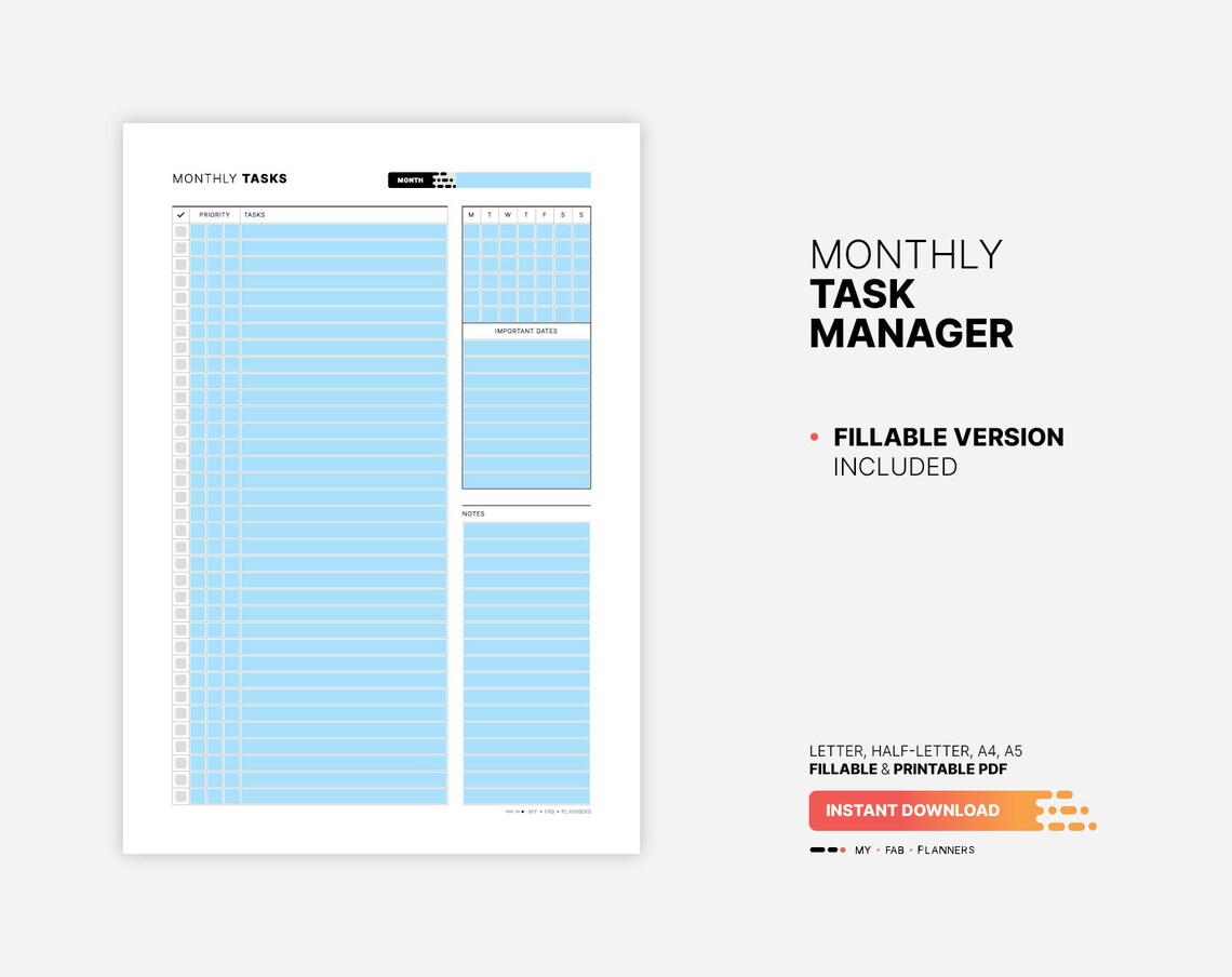 Monthly Task Manager & Planner, Printable to Do List Template, Work ...