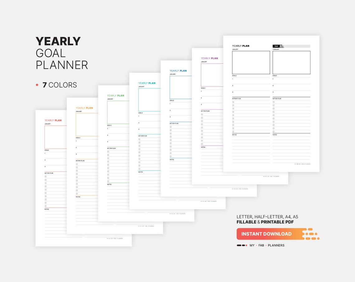 Yearly Goal List & Action Plan Template, Undated Yearly Goals Planner ...