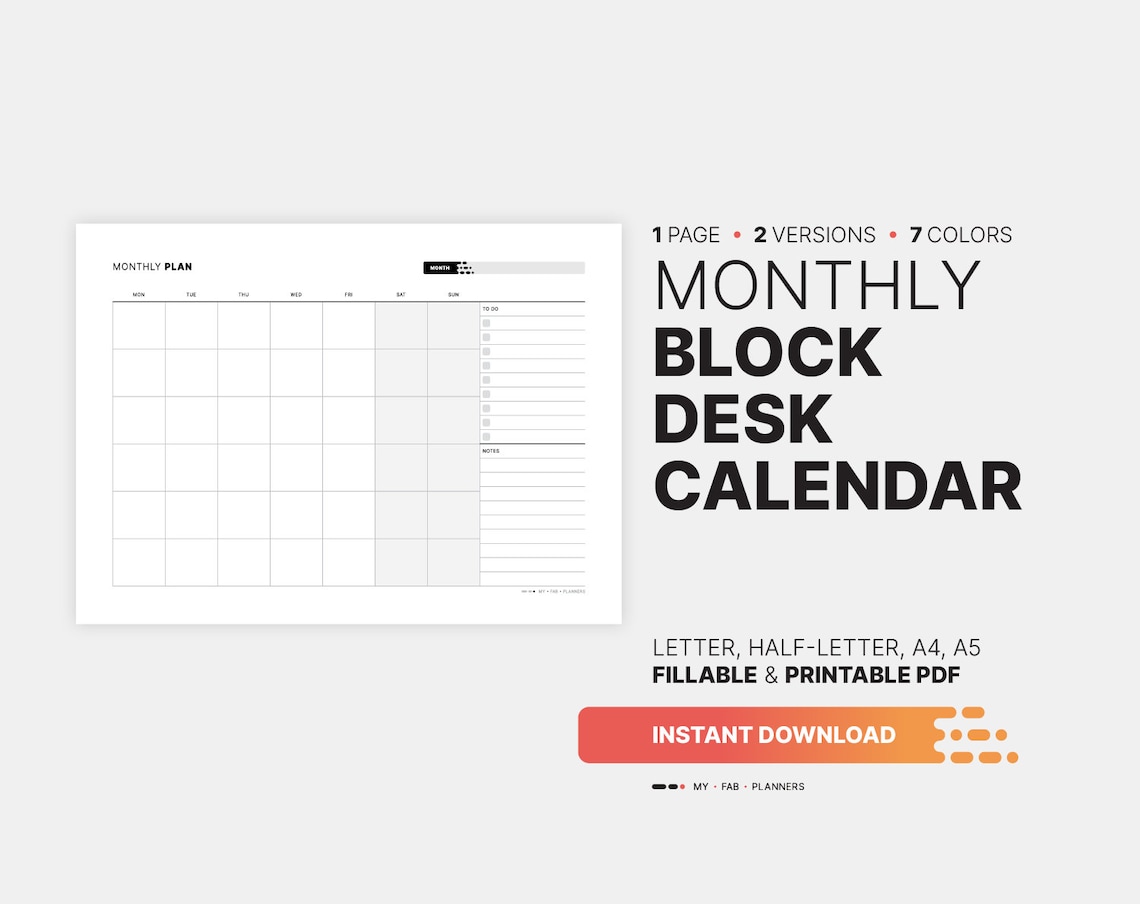 Monthly Block Desk Calendar Fillable Blank Blocks Planner | Etsy