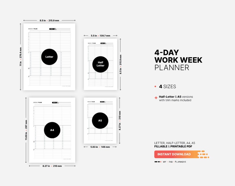 4-day Work Week Planner, Printable Productivity Action Plan Tracker ...