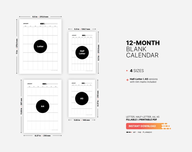Undated 12-month Blank Calendar, Month At-a-glance Overview, Monthly ...