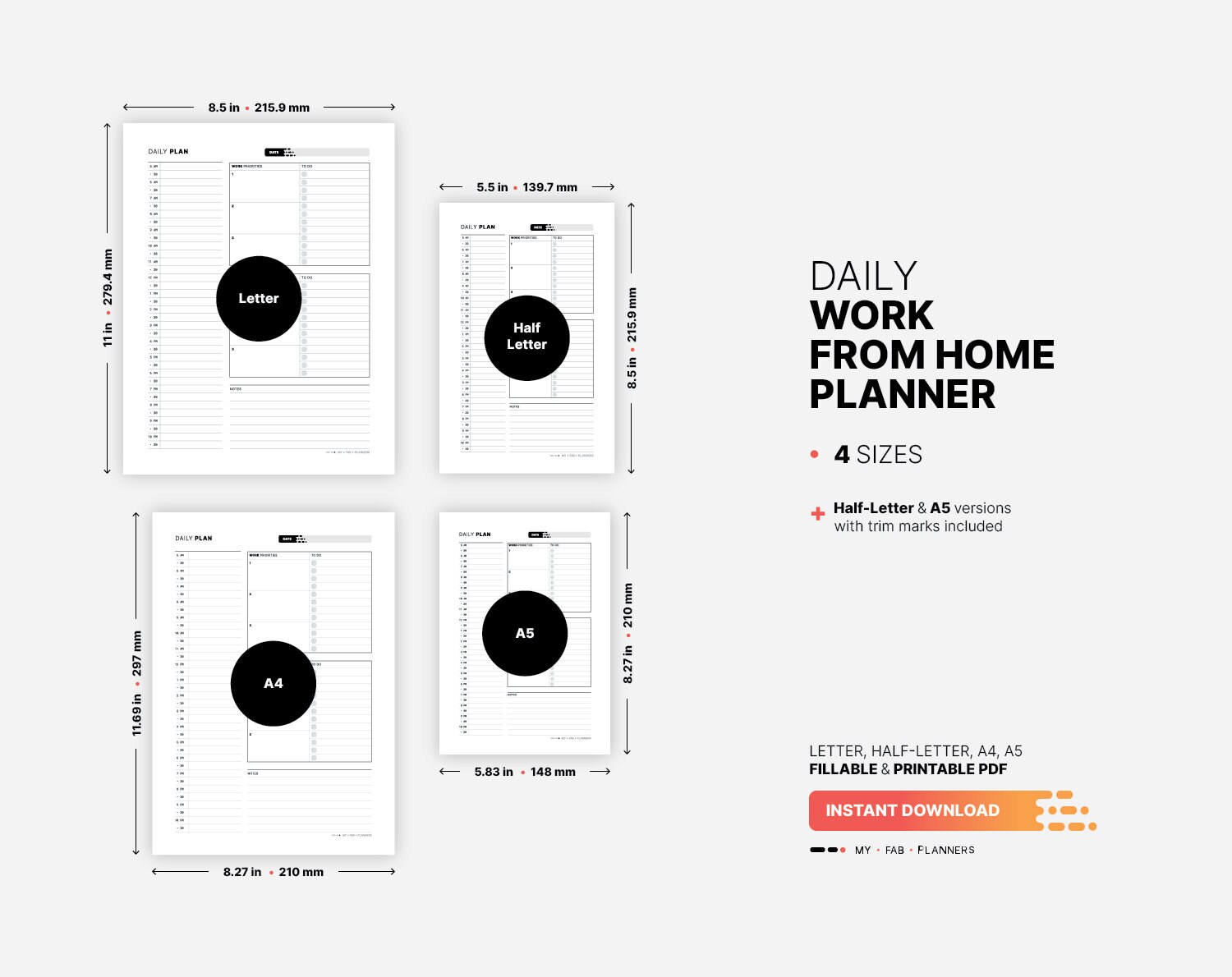 Daily Work From Home Planner, Printable PDF Template - Etsy