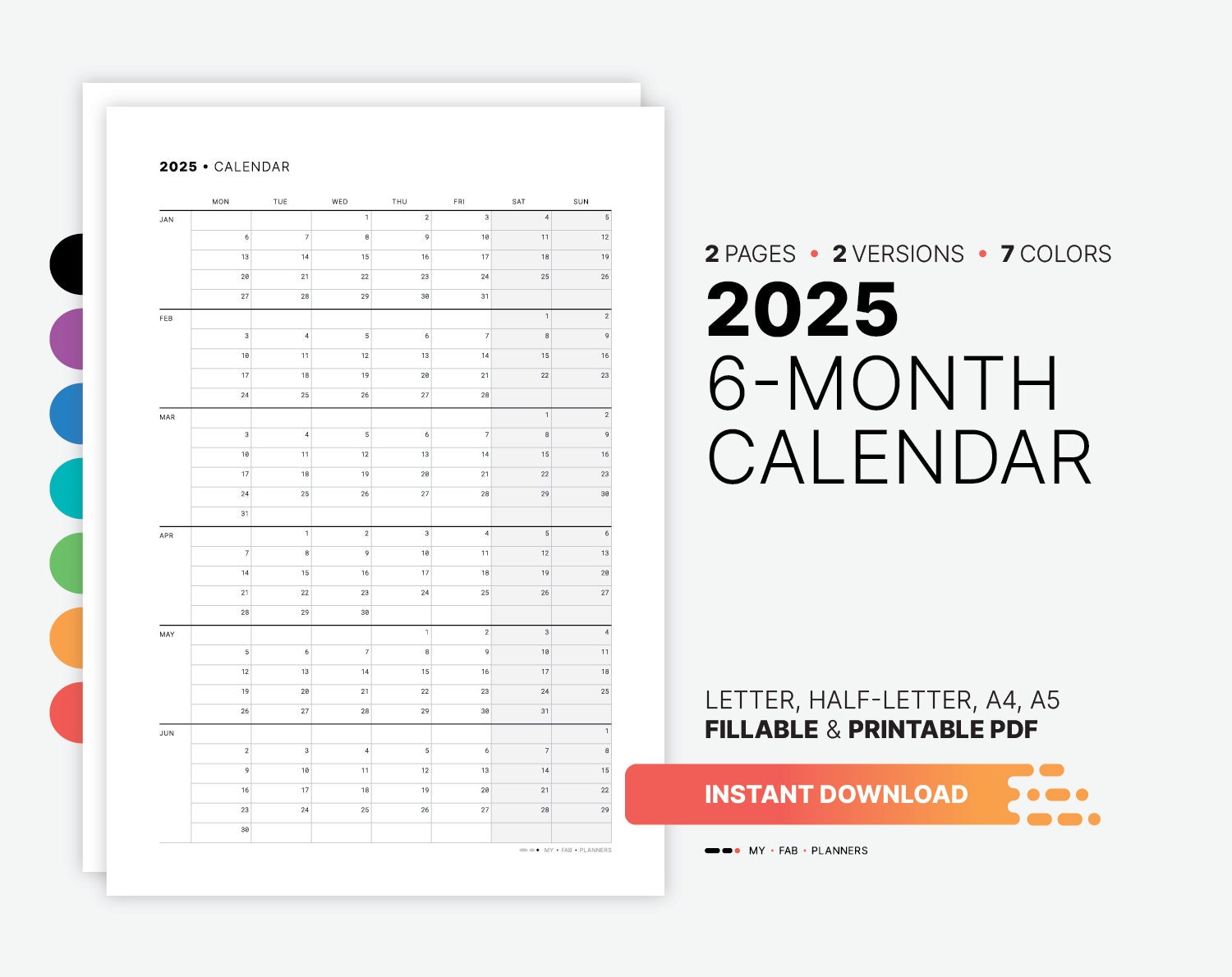 2025 6-month Calendar, Printable Family Important Dates Template ...