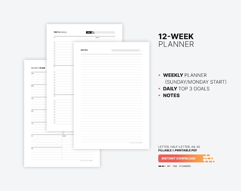 12 Week Planner, Vision Board Overview, Productivity Calendar, Daily ...