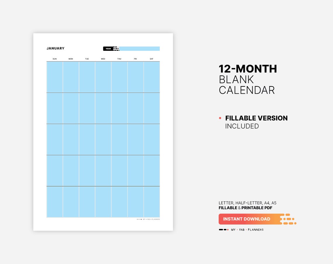 Undated 12-month Blank Calendar, Month At-a-glance Overview, Monthly ...