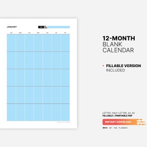 Undated 12-month Blank Calendar, Month At-a-glance Overview, Monthly ...