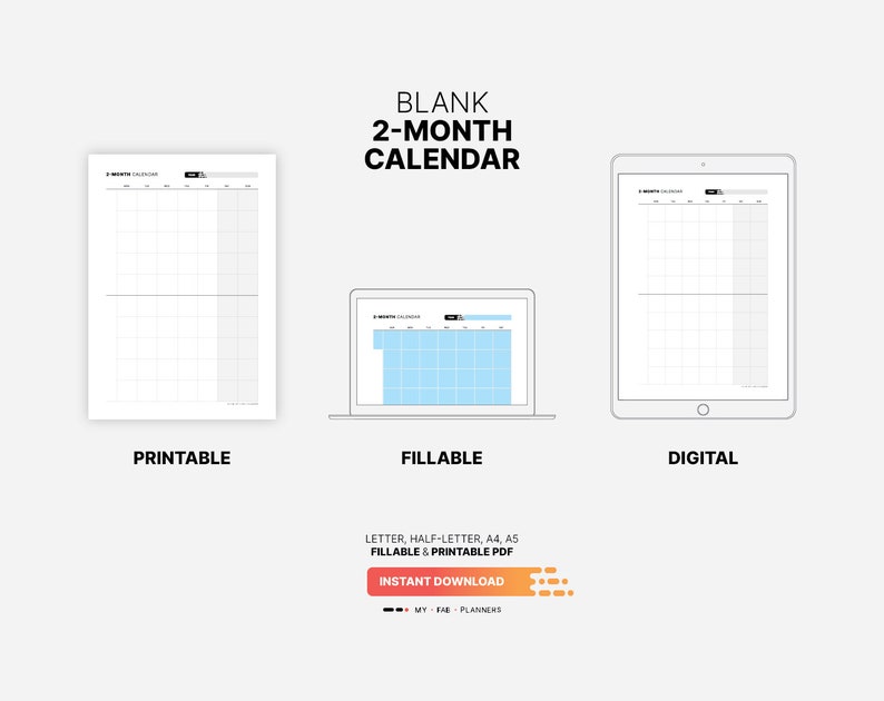 Blank 2 Month Calendar, Undated Multi Month At-a-glance Planner ...