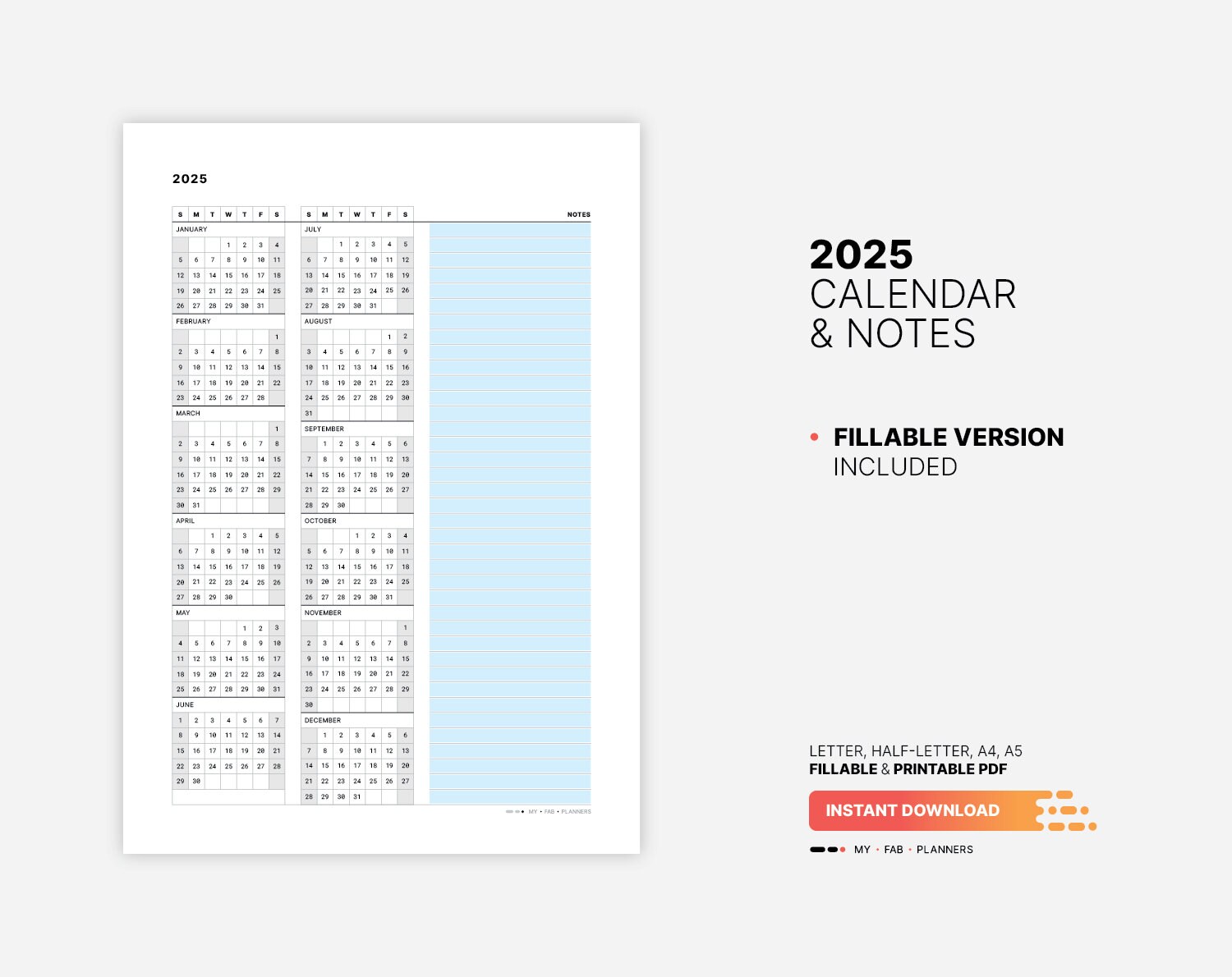2025 Calendar & Notes Template, Printable New Year At-a-glance Wall ...