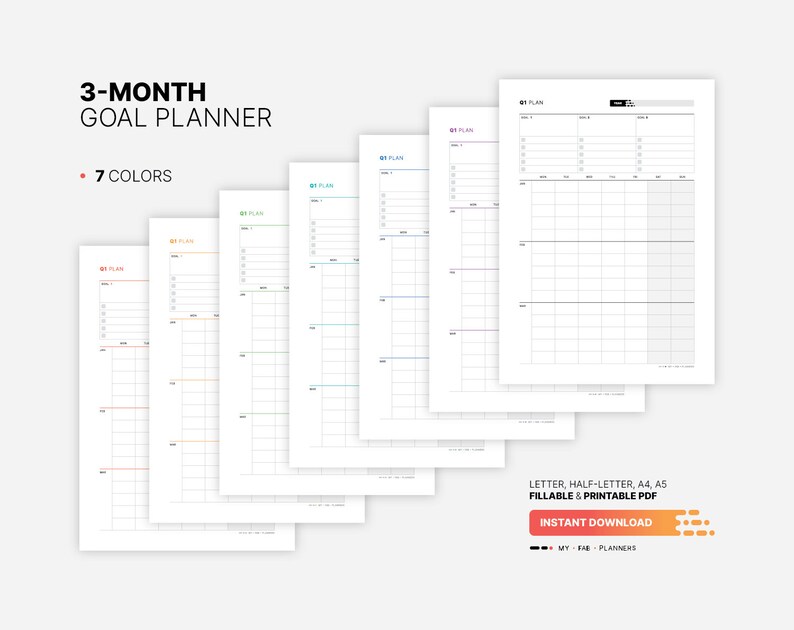 3-month Goal Planner & Calendar, Fillable Yearly, Quarterly Goals ...